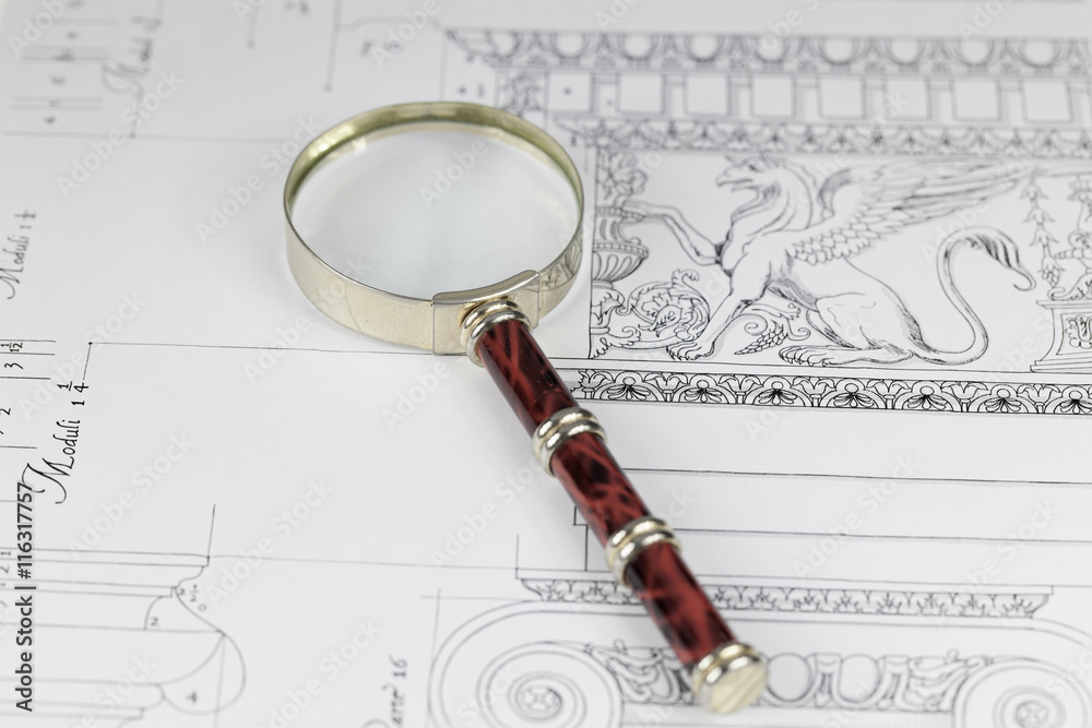 magnifying glass & architectural drawing Stock Photo | Adobe Stock