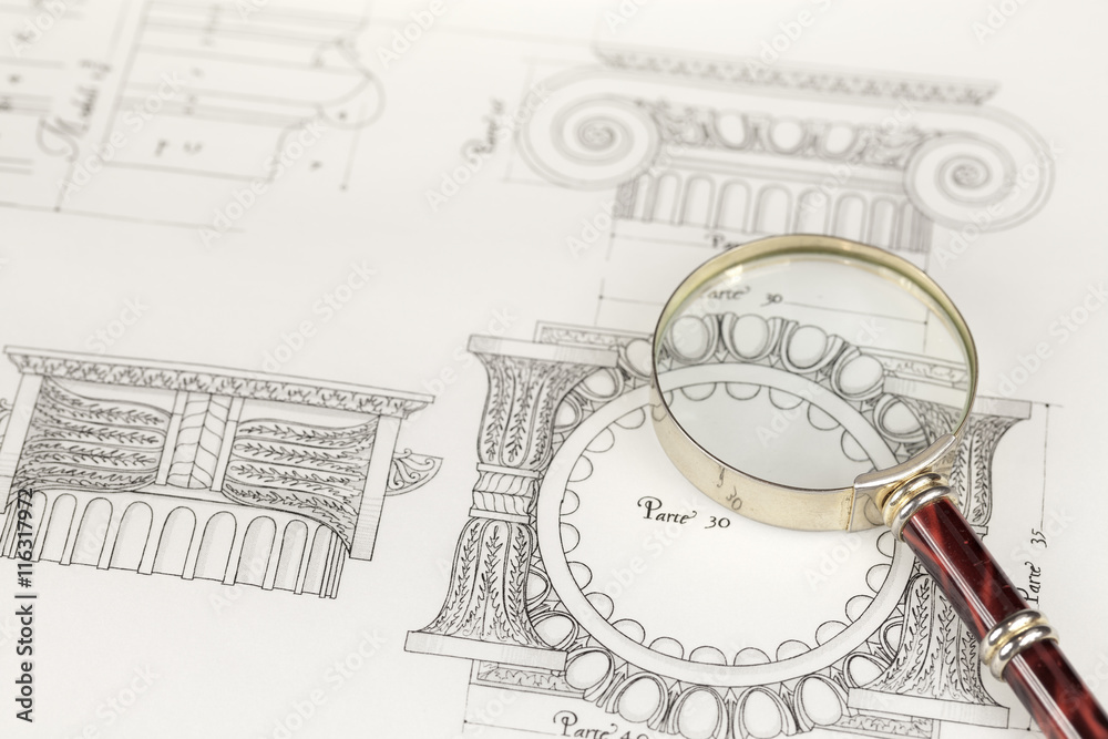 magnifying glass & architectural drawing Stock Photo | Adobe Stock