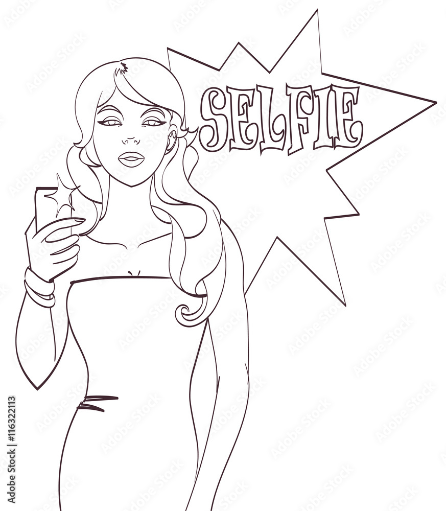 Vector pop art girl doing selfie. Beautiful vector drawing, isolated ...