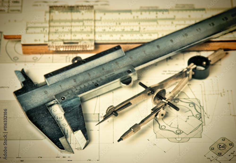 engineering tools on technical drawing Stock Photo | Adobe Stock