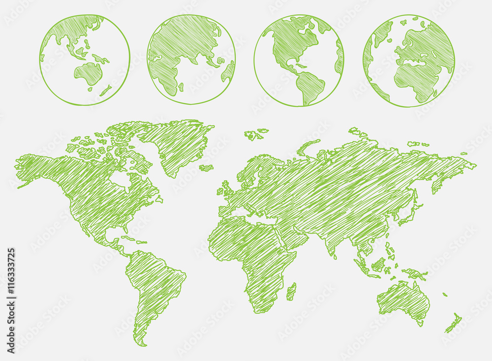 World map drawn. Vector illustration. Stock Vector | Adobe Stock