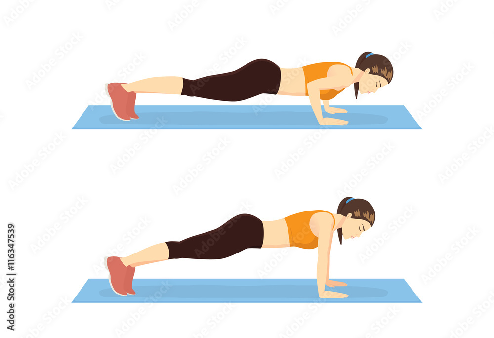 Step instruction for push up of woman. Cartoon illustration about work ...