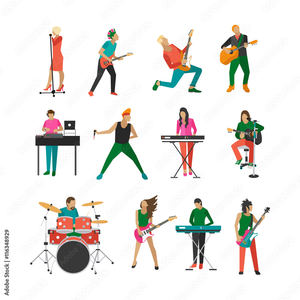 Vector set of rock musicians and singers. Music band design elements ...