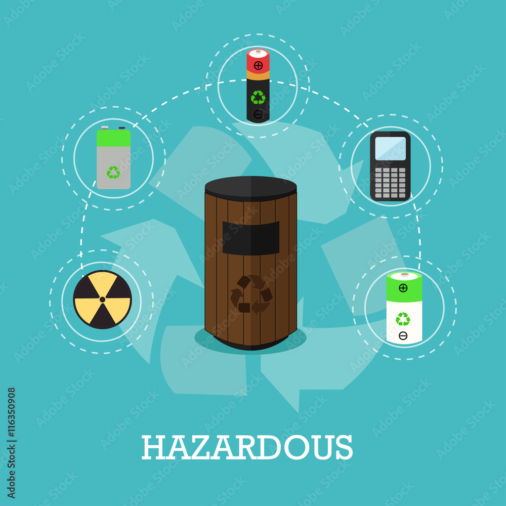 Garbage recycle concept vector illustration in flat style. Hazardous ...