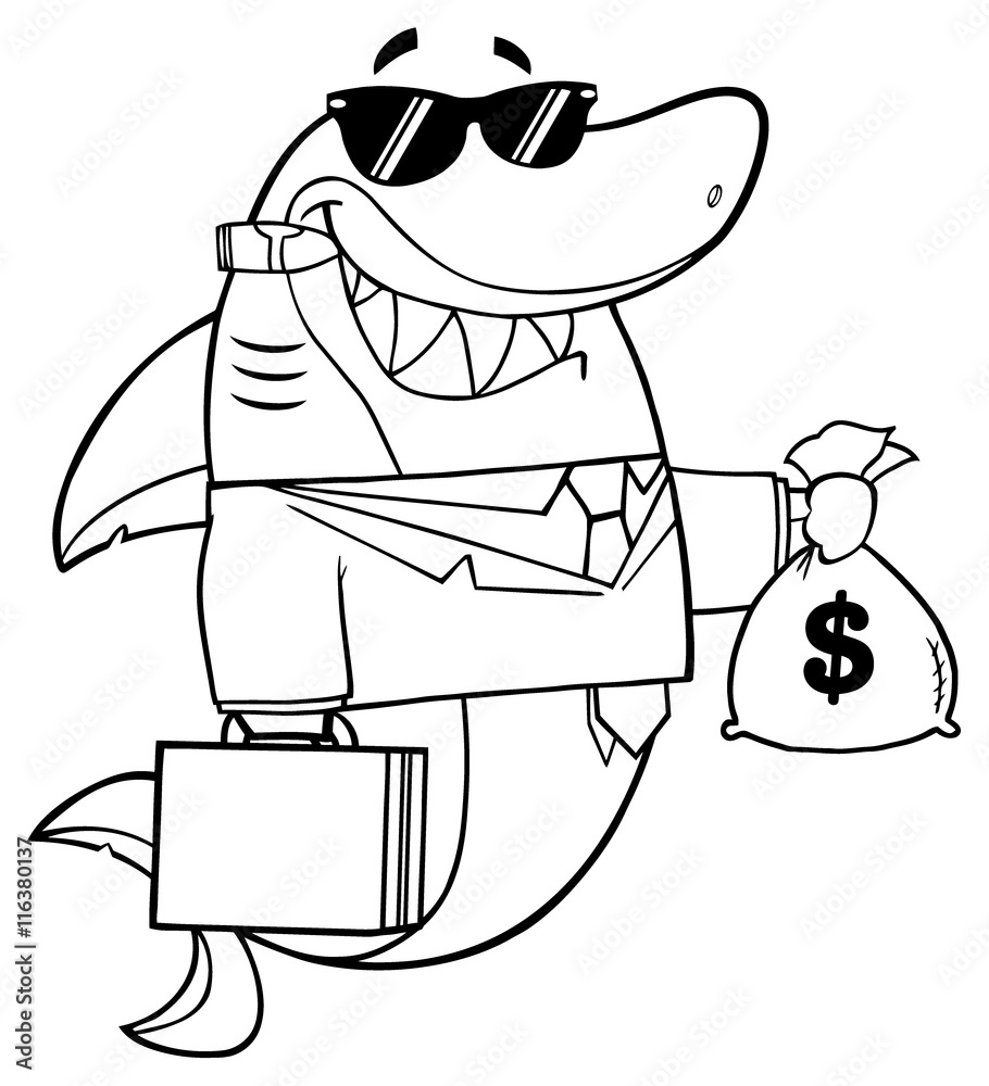 Black And White Smiling Business Shark Cartoon Mascot Character In Suit ...