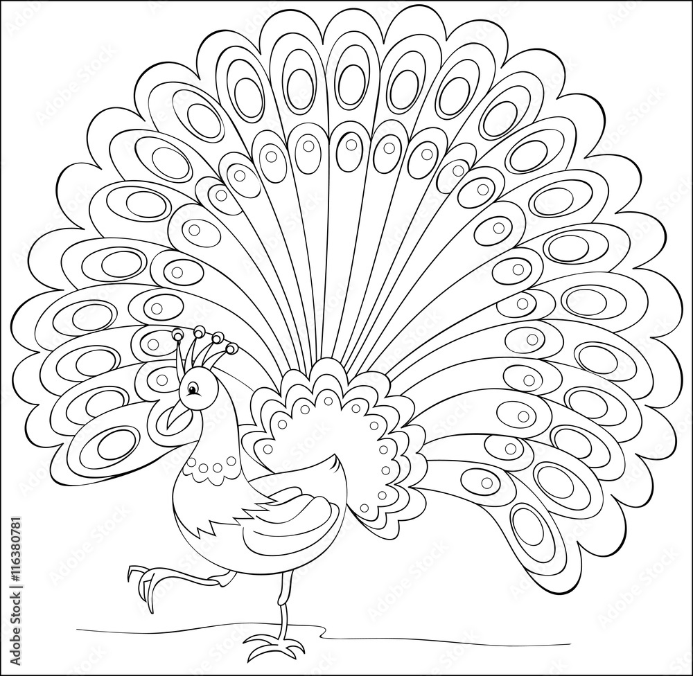Page with black and white illustration of fantasy peacock for coloring ...