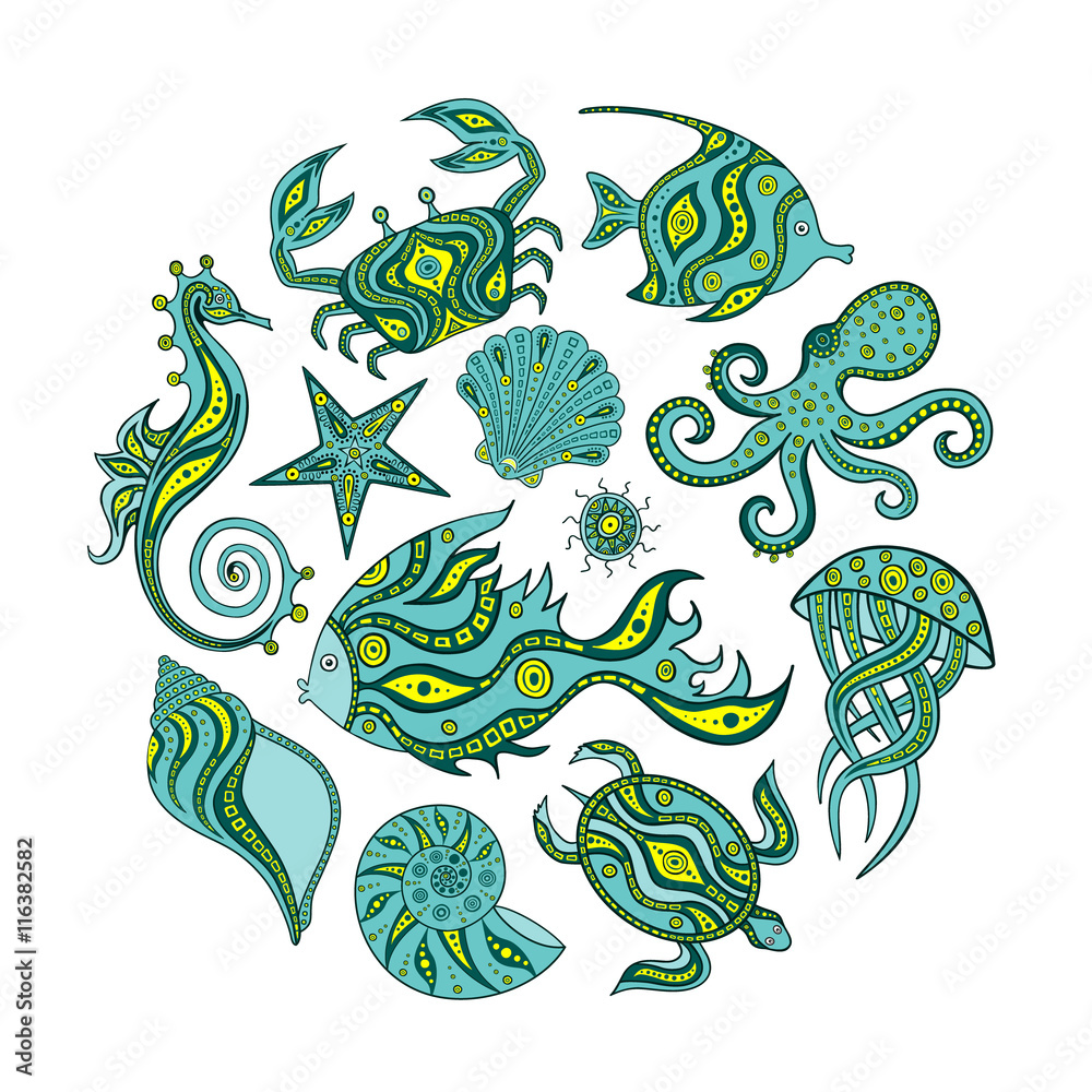 Set of cartoon marine animals. Hand drawing marine life. Round frame of ...