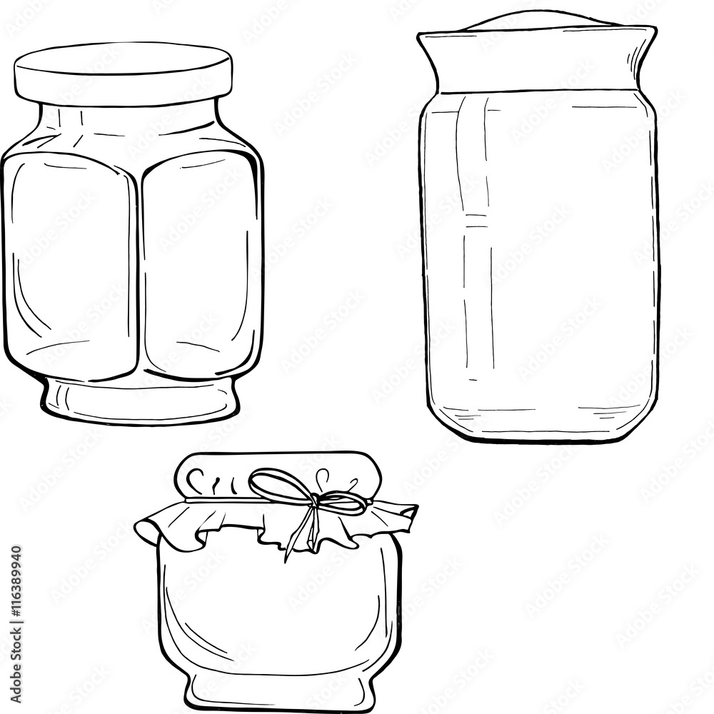 Set of empty jars . Cartoon sketch drawn by ink. Hand drawn vector ...