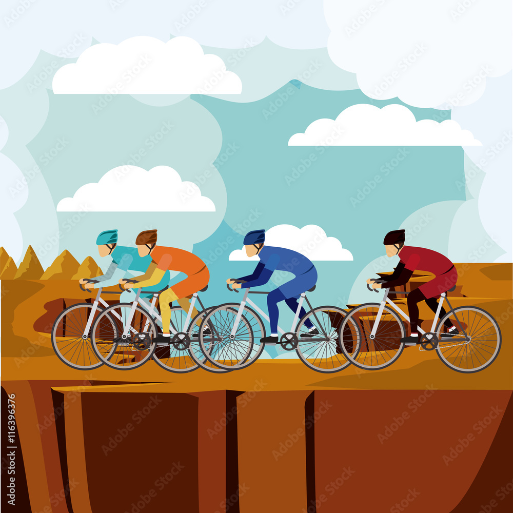 cycling race with beautiful landscape background isolated icon design ...