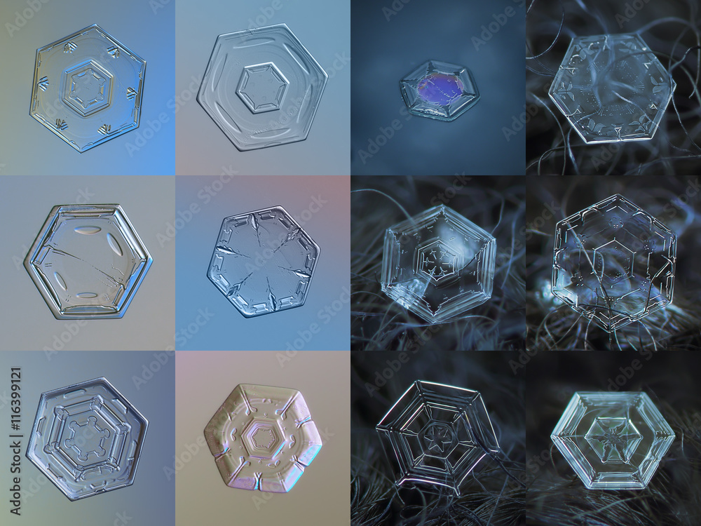 Set of 12 real snowflake photos (simple hexagonal plate snow crystals ...