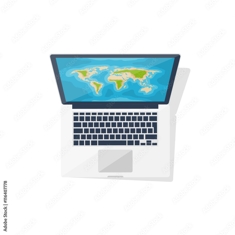 World map on the computer. Flat style. Navigation. Travel and tourism ...