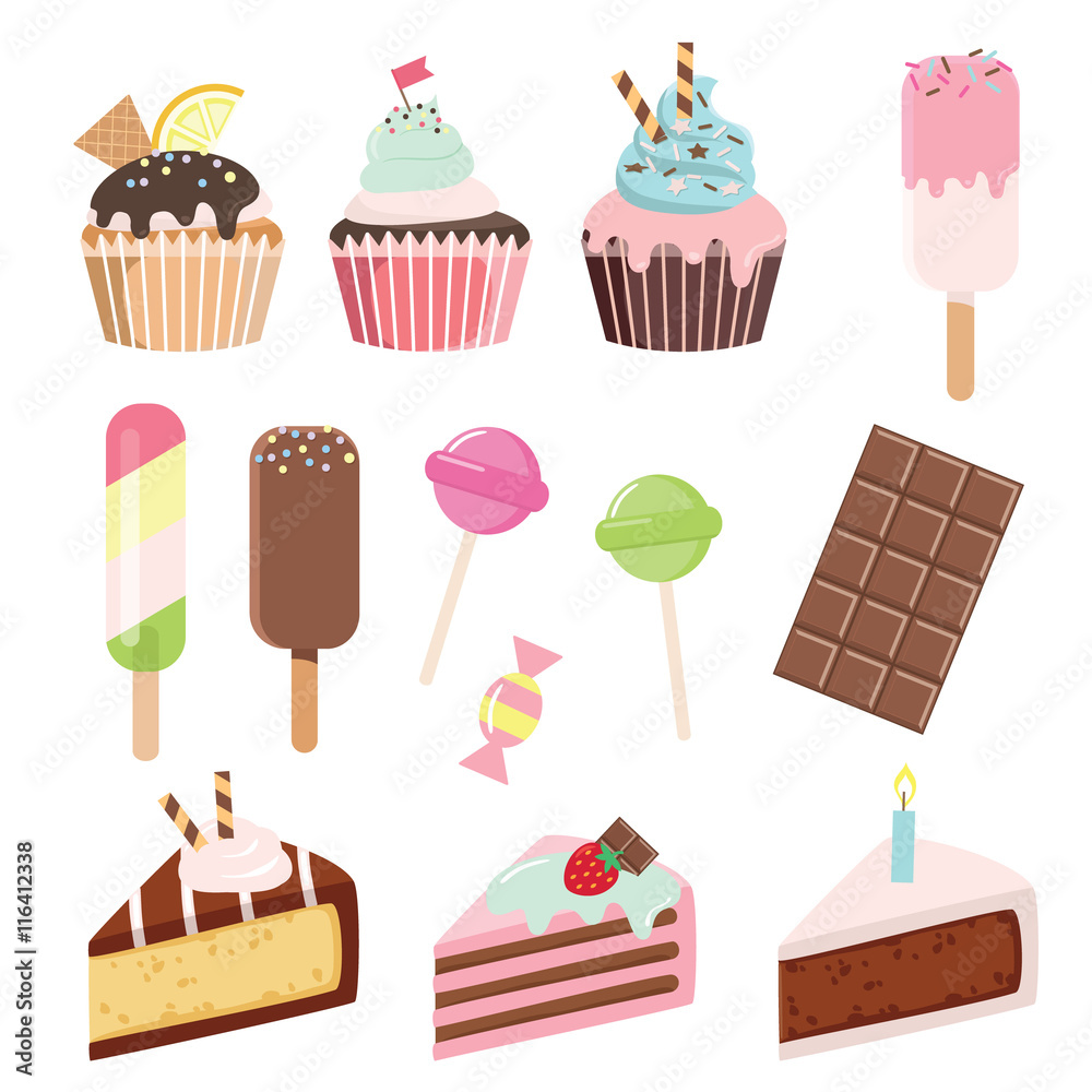 Cartoon sweets set - cupcakes, ice cream, pieces of cake, chocolate bar ...