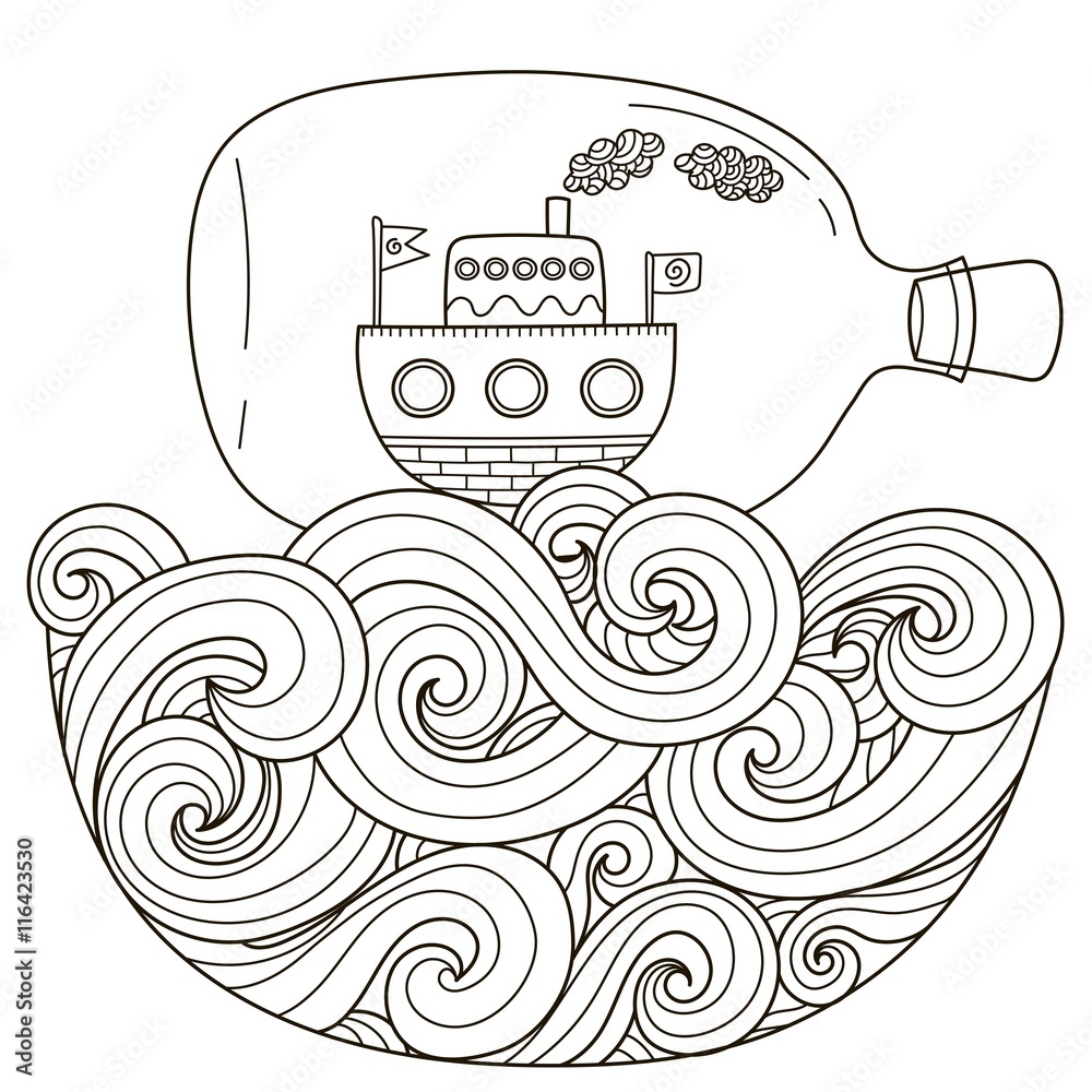 Ship in bottle floating on the wavy sea for coloring page Stock Vector ...