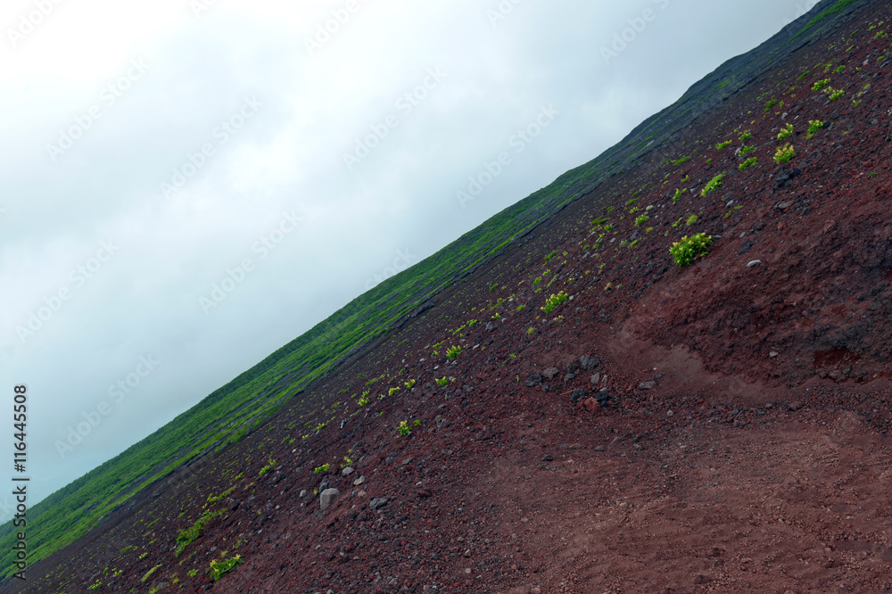 Terrain on climbing route on Mount Fuji, a symmetrical volcano and ...