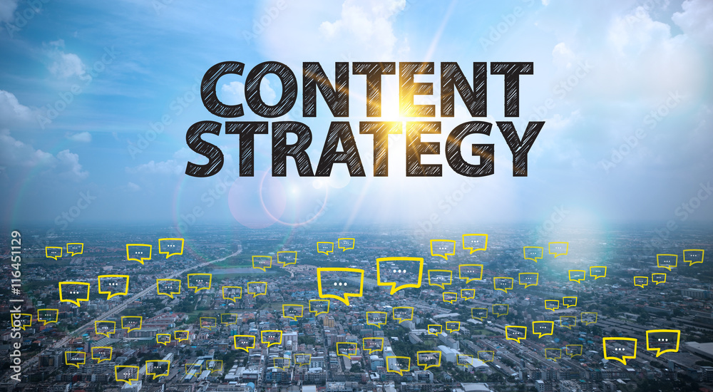CONTENT STRATEGY text on city and sky background with bubble cha Stock ...