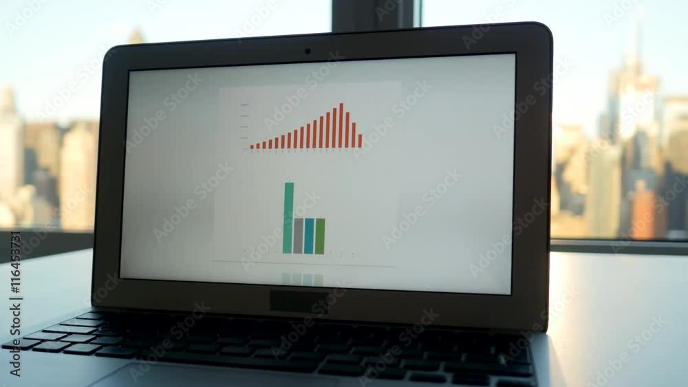viewing business charts and diagrams background. working on laptop ...