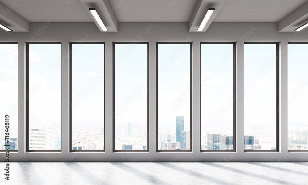 Big office room with huge panoramic windows Stock Illustration | Adobe ...