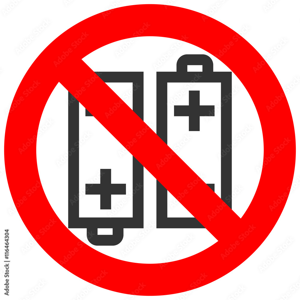 Forbidden sign with battery icon isolated on white background. Battery ...