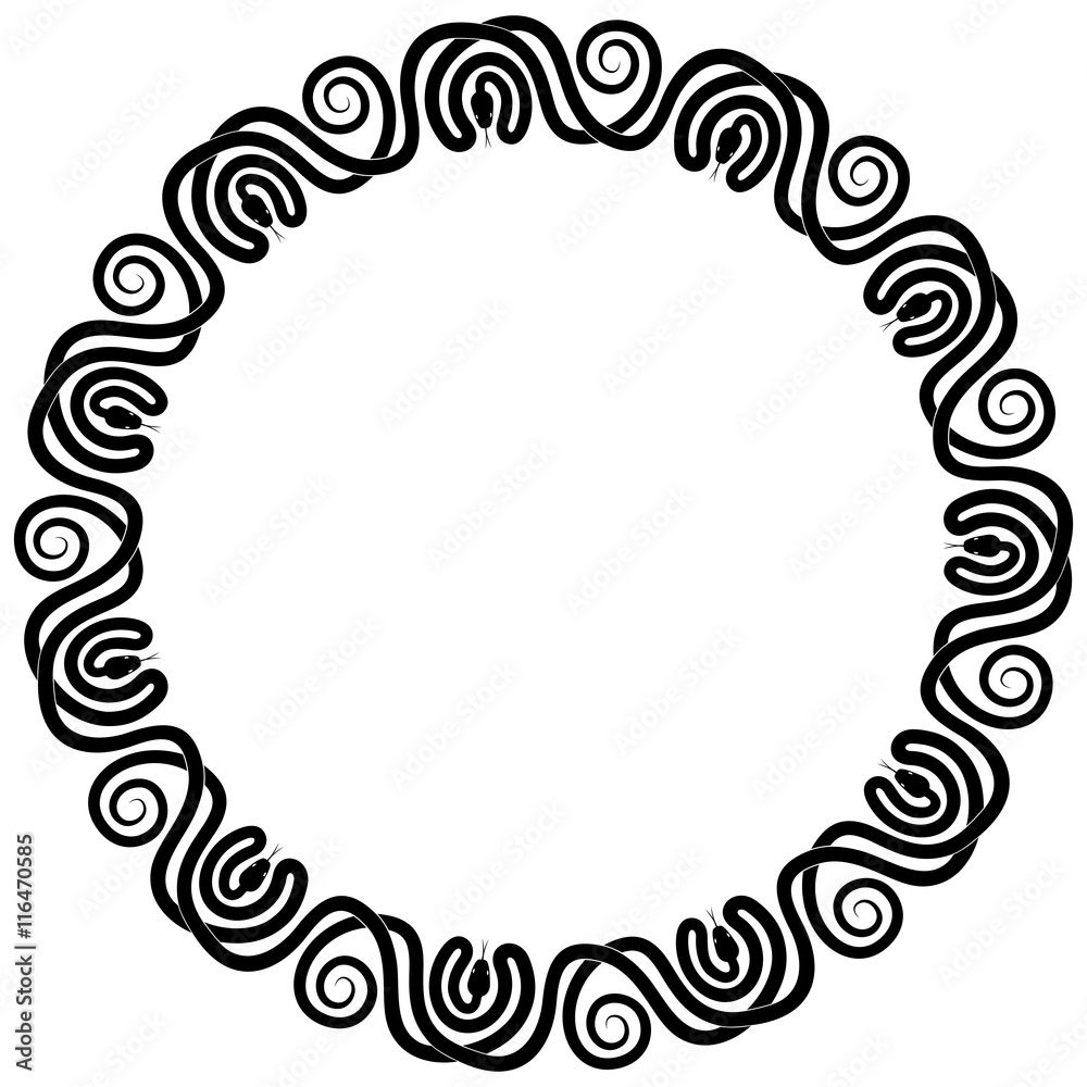 Round frame of eleven snakes entwined and interlaced. Vector black and ...