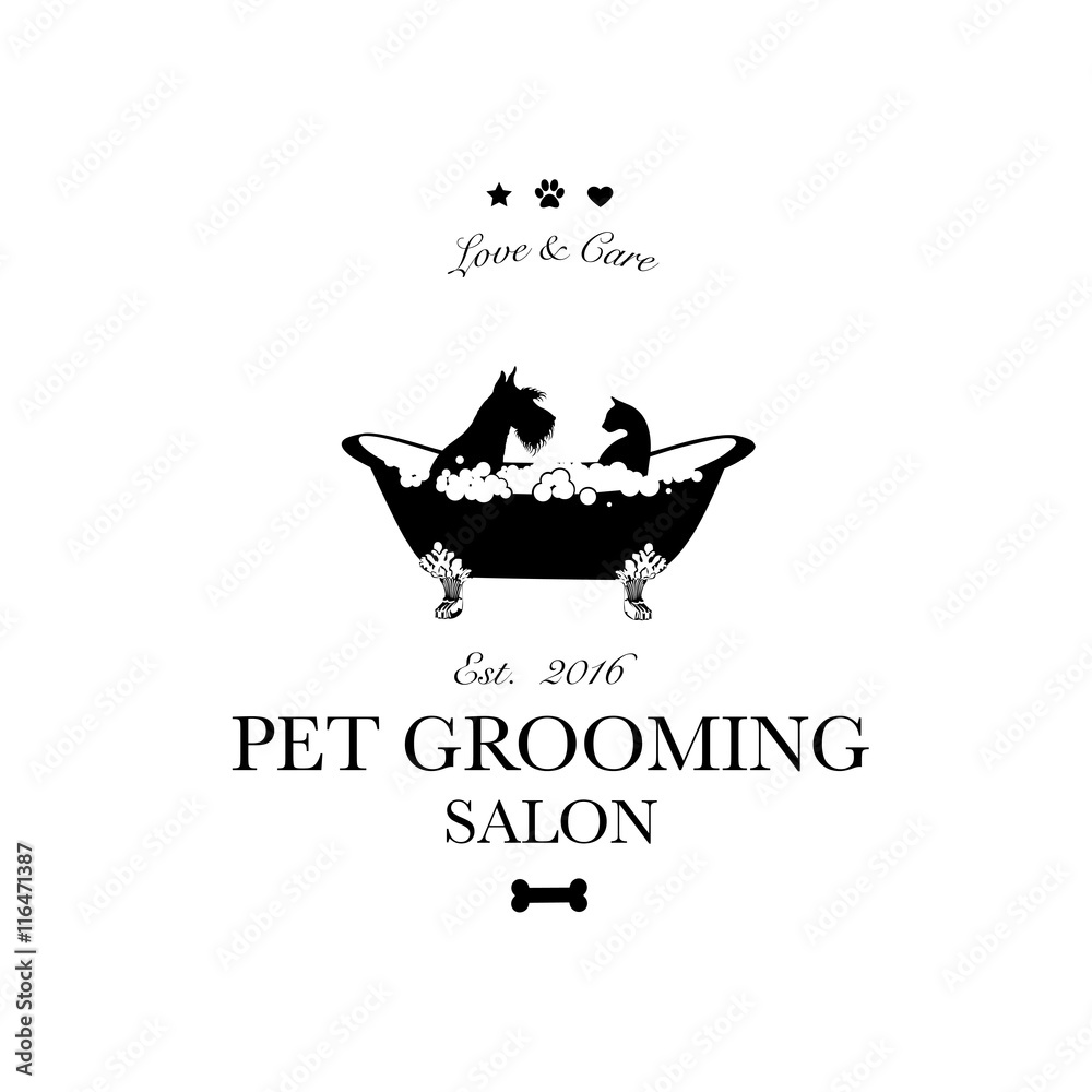 Cute dog and cat in bath. Logo for pet hair salon, pet styling and ...
