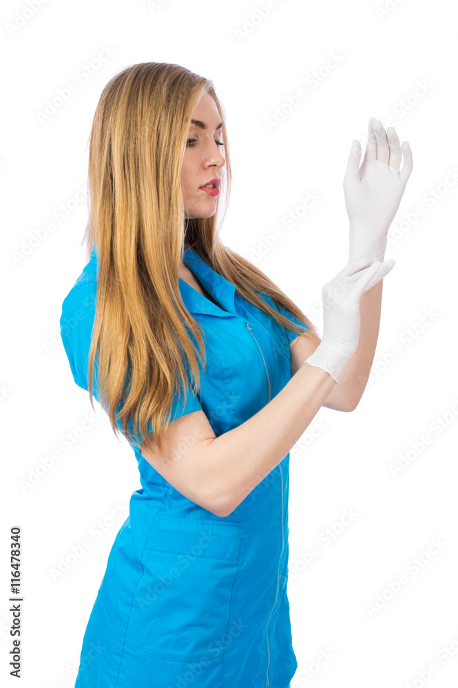 Young Blonde Woman Doctor Wearing Rubber Gloves Isolated On White
