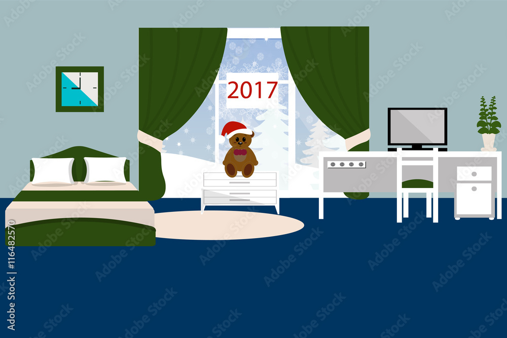 Bedroom interior vector illustration. Furniture for the room. Winter ...
