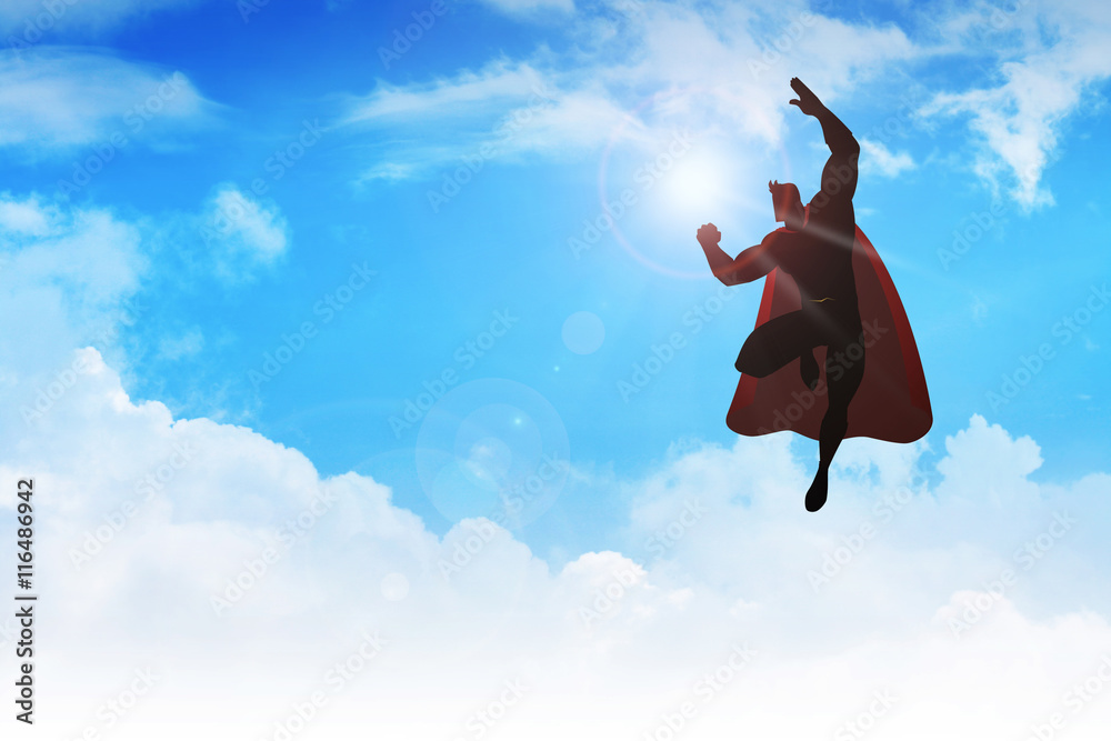 Silhouette of a superhero figure flying on clouds Stock Illustration ...