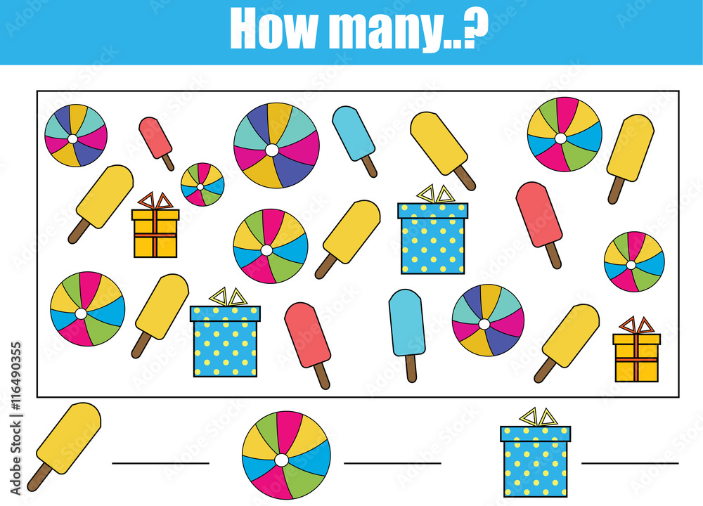 Counting educational children game, kids activity. How many objects ...
