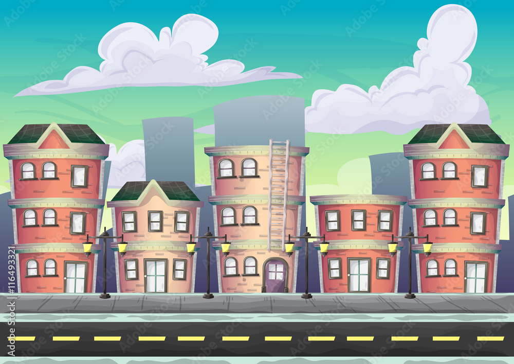 Cartoon vector urban landscape with separated layers for game and ...