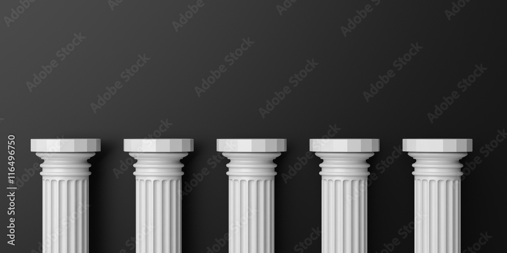 Five white color marble pillars against black wall background. 3d ...