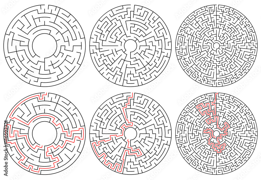 Circular mazes. 3 version with different complexity. Stock Vector ...