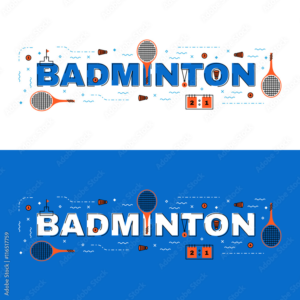 Badminton banner, badminton lettering flat line design with ico Stock ...