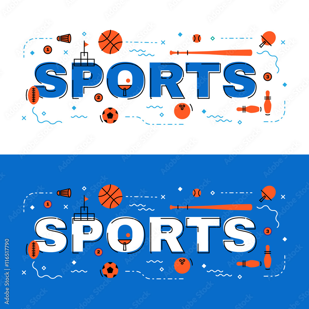 sport banner, sport lettering flat line design with icons Stock Vector ...
