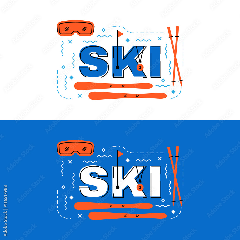 Ski banner, ski lettering flat line design with icons Stock Vector ...