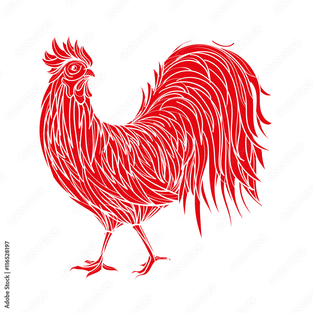 Hand drawn doodle outline rooster illustration. Hand drawn stylized red ...
