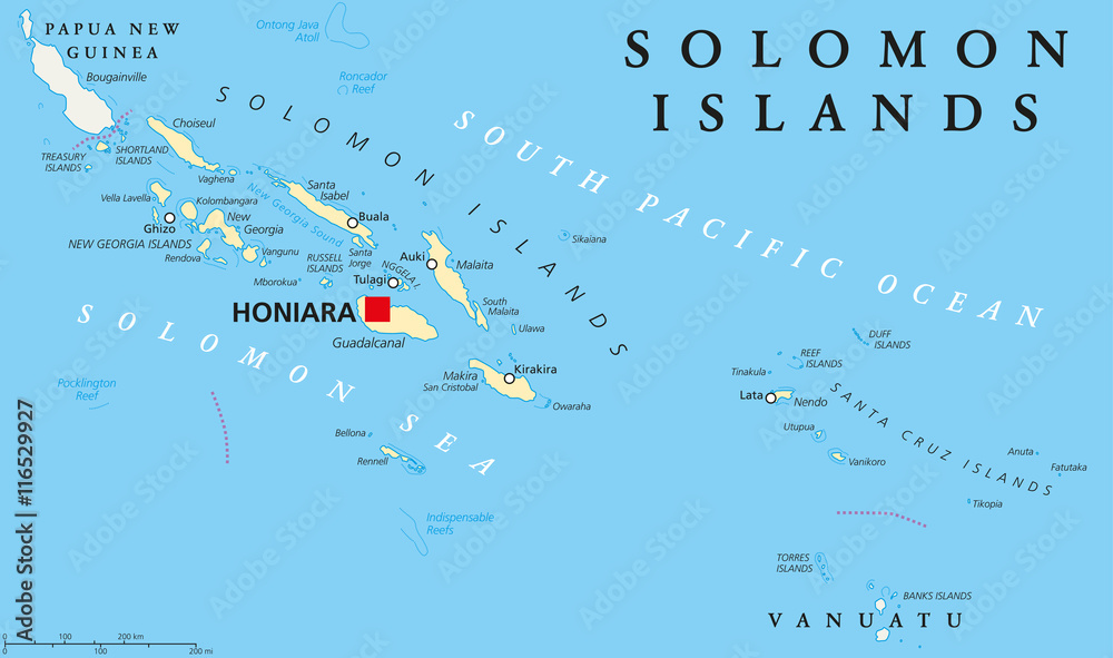Solomon Islands political map with capital Honiara on Guadalcanal ...