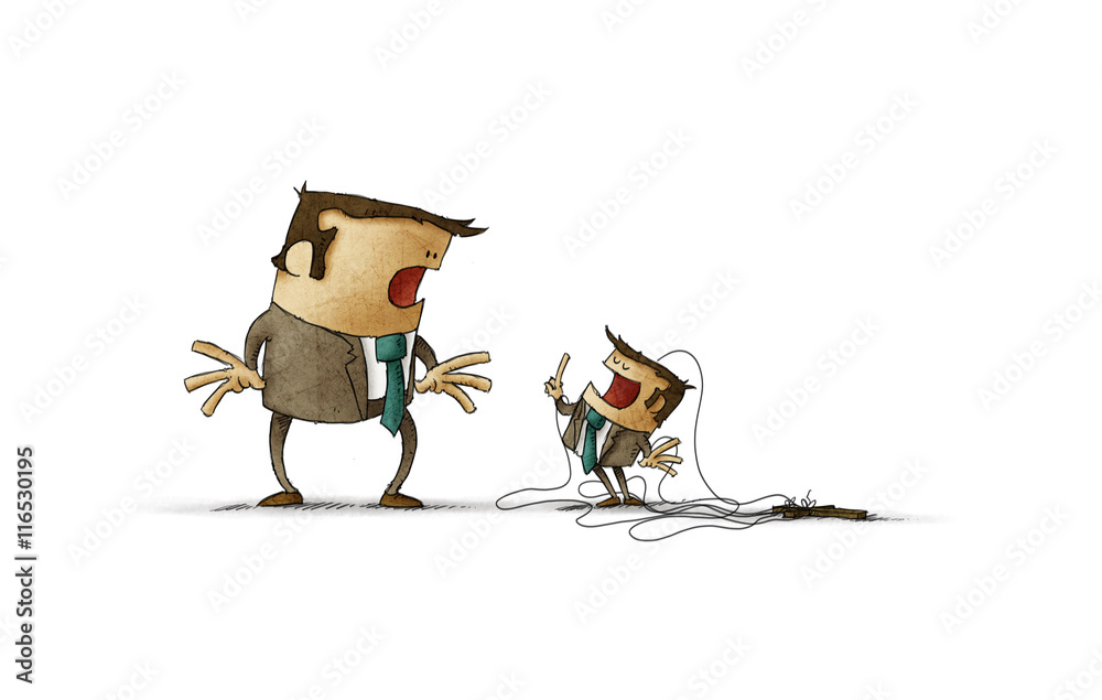 Shocked puppeteer looking at his self-dependent puppet with index ...