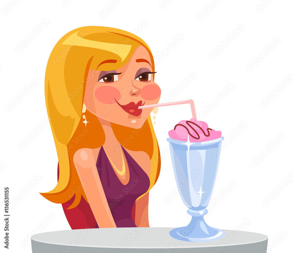 Single woman character drinking cocktail alone in cafe. Vector flat ...