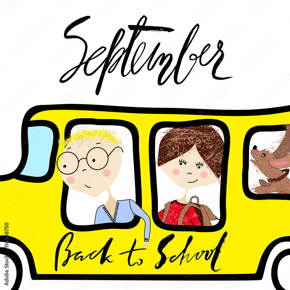 School bus. Kids riding on school bus. Handwritten lettering ...