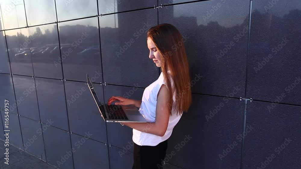 Lady girl student press laptop. Young beautiful female business woman ...