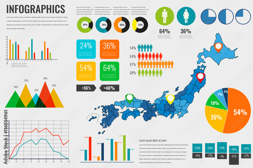 Japan map with Infographics elements. Infographics layouts. Vector ...