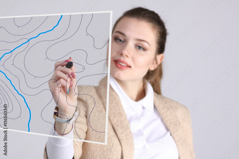 Geographic information systems concept, woman scientist working with ...