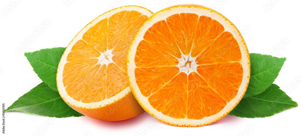 Perfectly retouched sliced halfs of oranges with leaves isolated on the ...