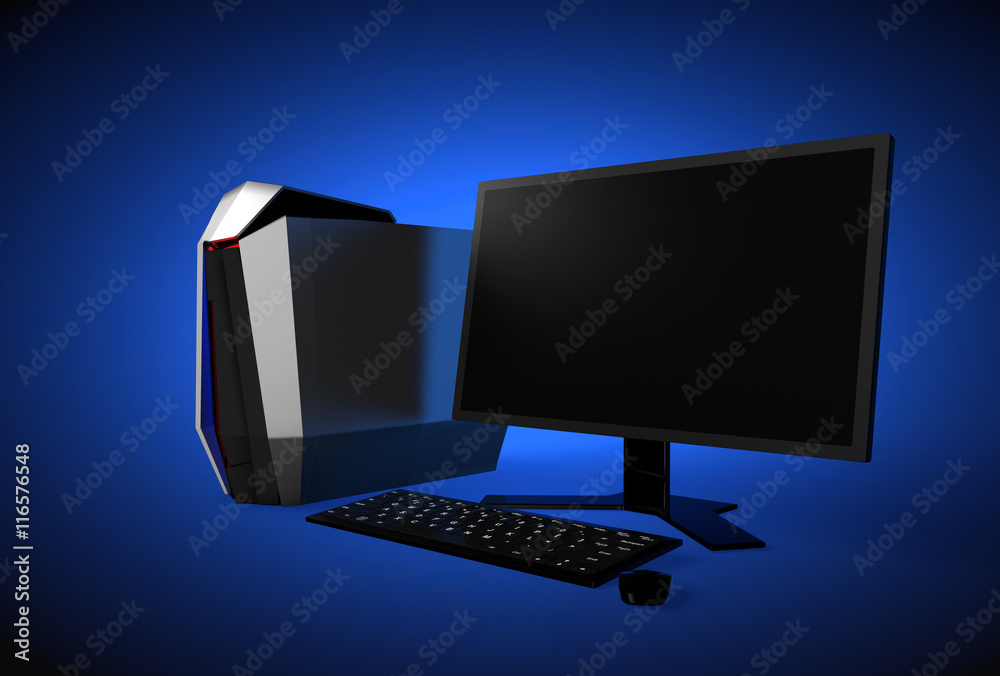 Gaming computer isolated on blue background. 3D rendering image. Stock ...