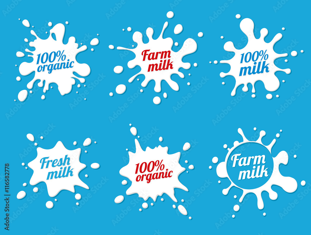 Milk emblems and dairy labels with splashes and blots. Vector milk ...