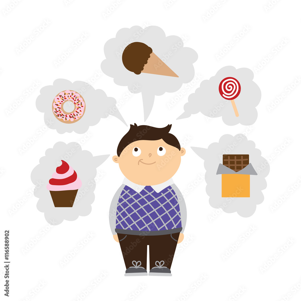 Chubby kid dreaming of sweets. Boy with overweight. Isolated cartoon ...