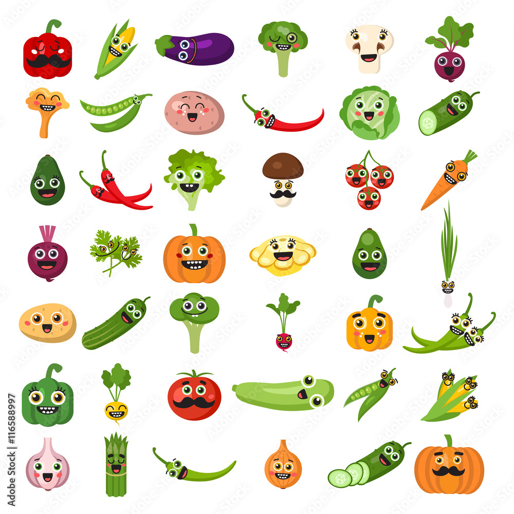 Smiling vegetables set on white background. Cute fresh stickers or ...