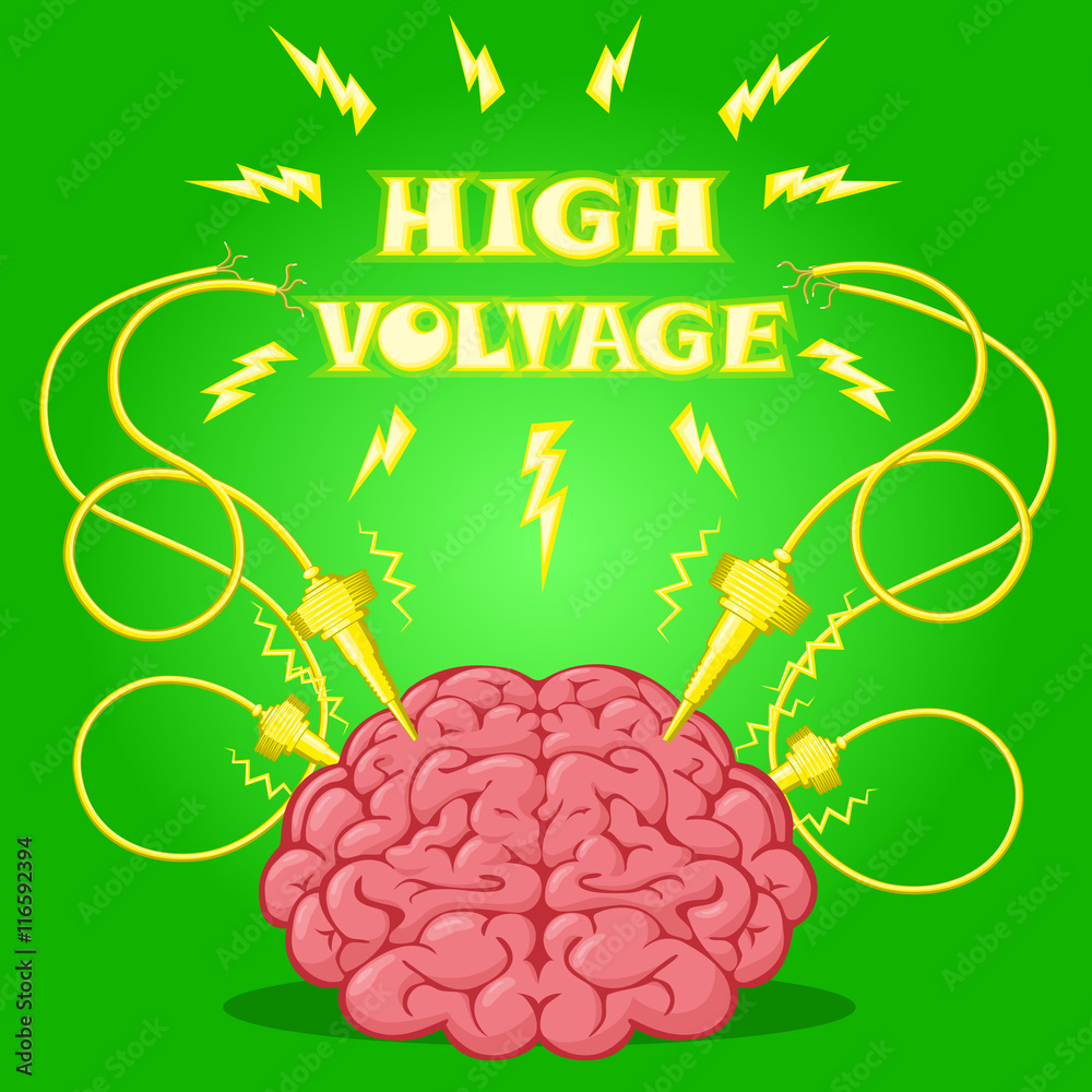 Funny Poster: brain with electrodes energized and text to design a ...