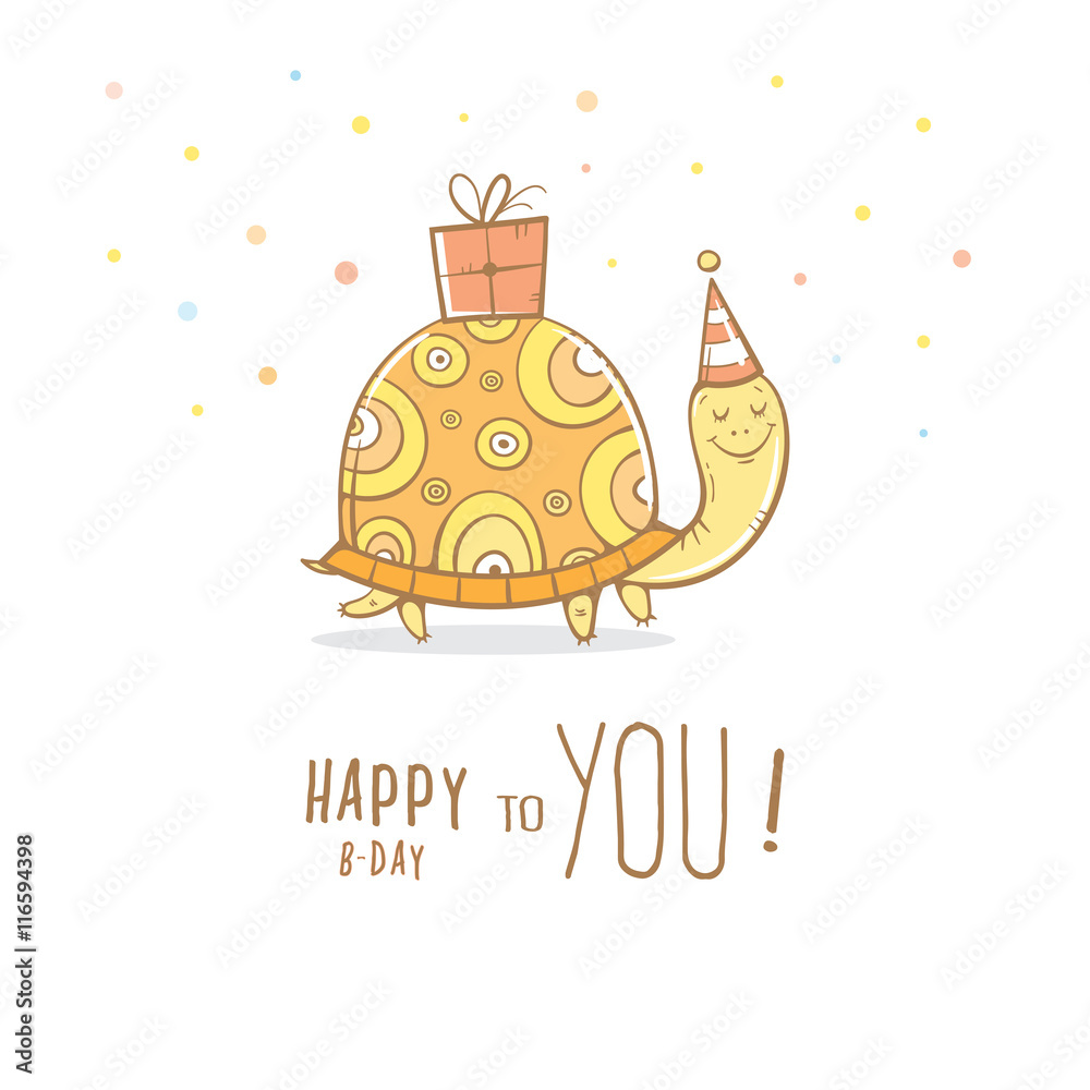 Birthday greeting card with cute cartoon turtle un party hat. Box with ...