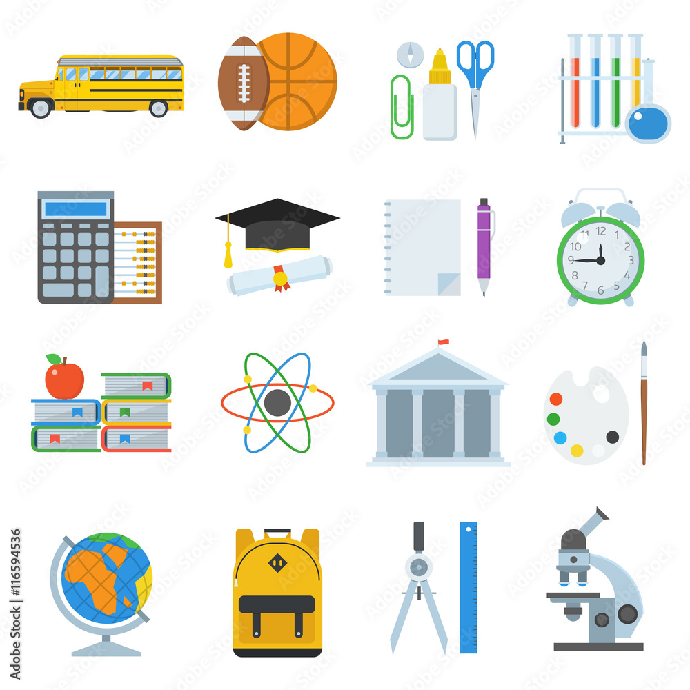 School and college icon set. Basic education elements and objects ...